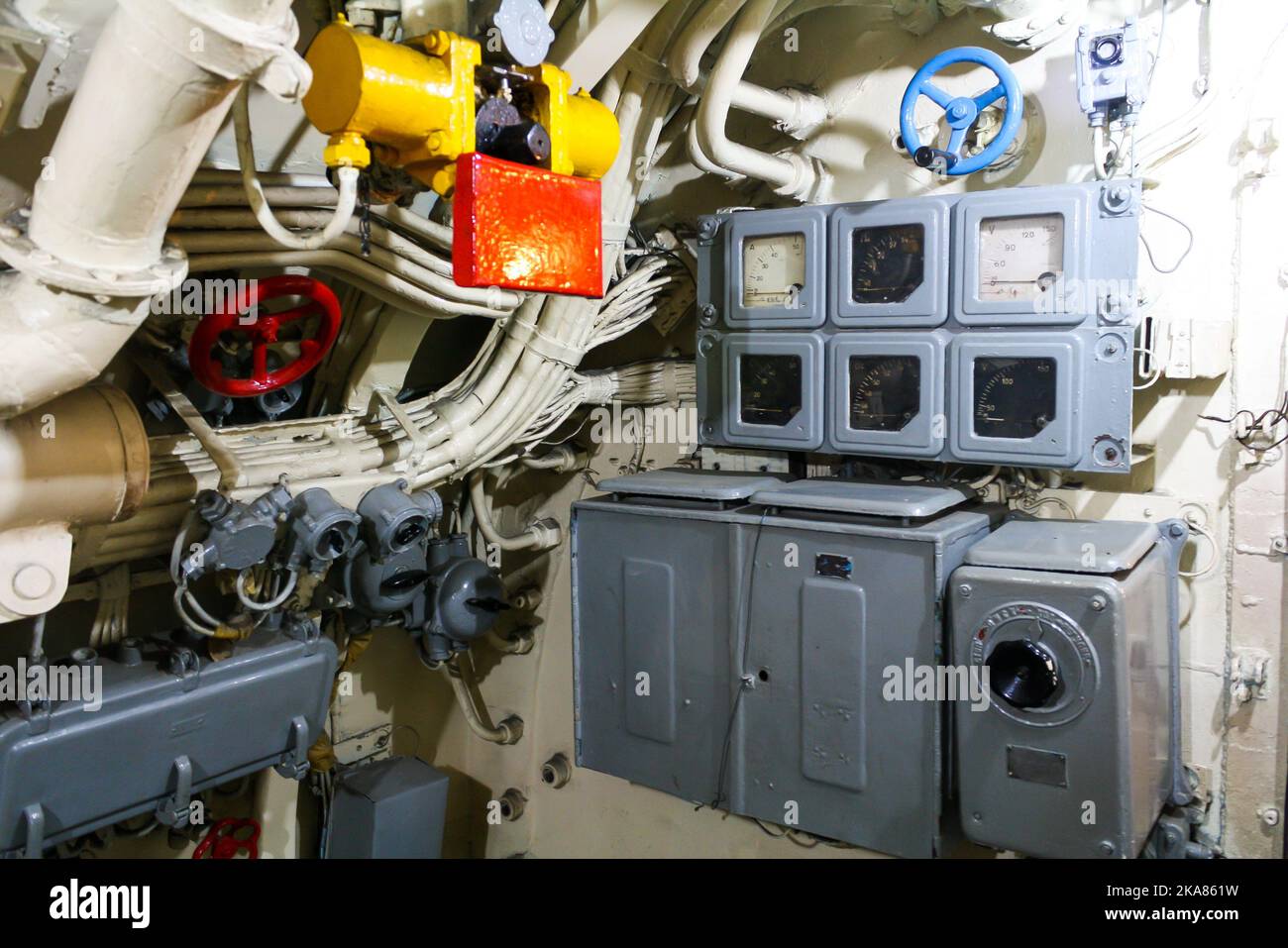 Close up of measurement instruments, valve, lever and pipe line inside ...