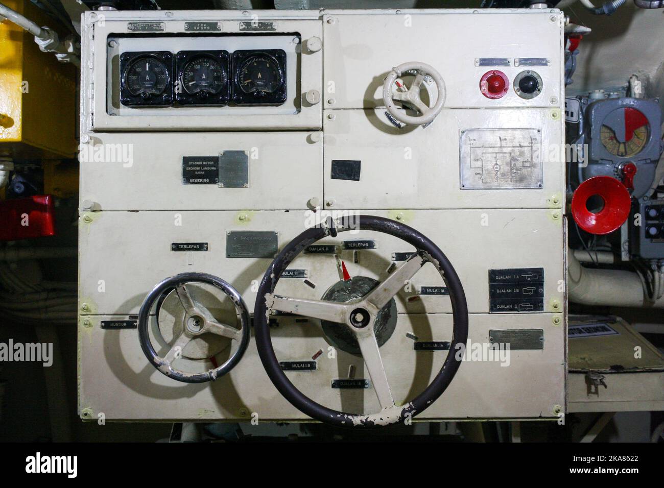 Close up of measurement instruments, valve, lever and pipe line inside ...