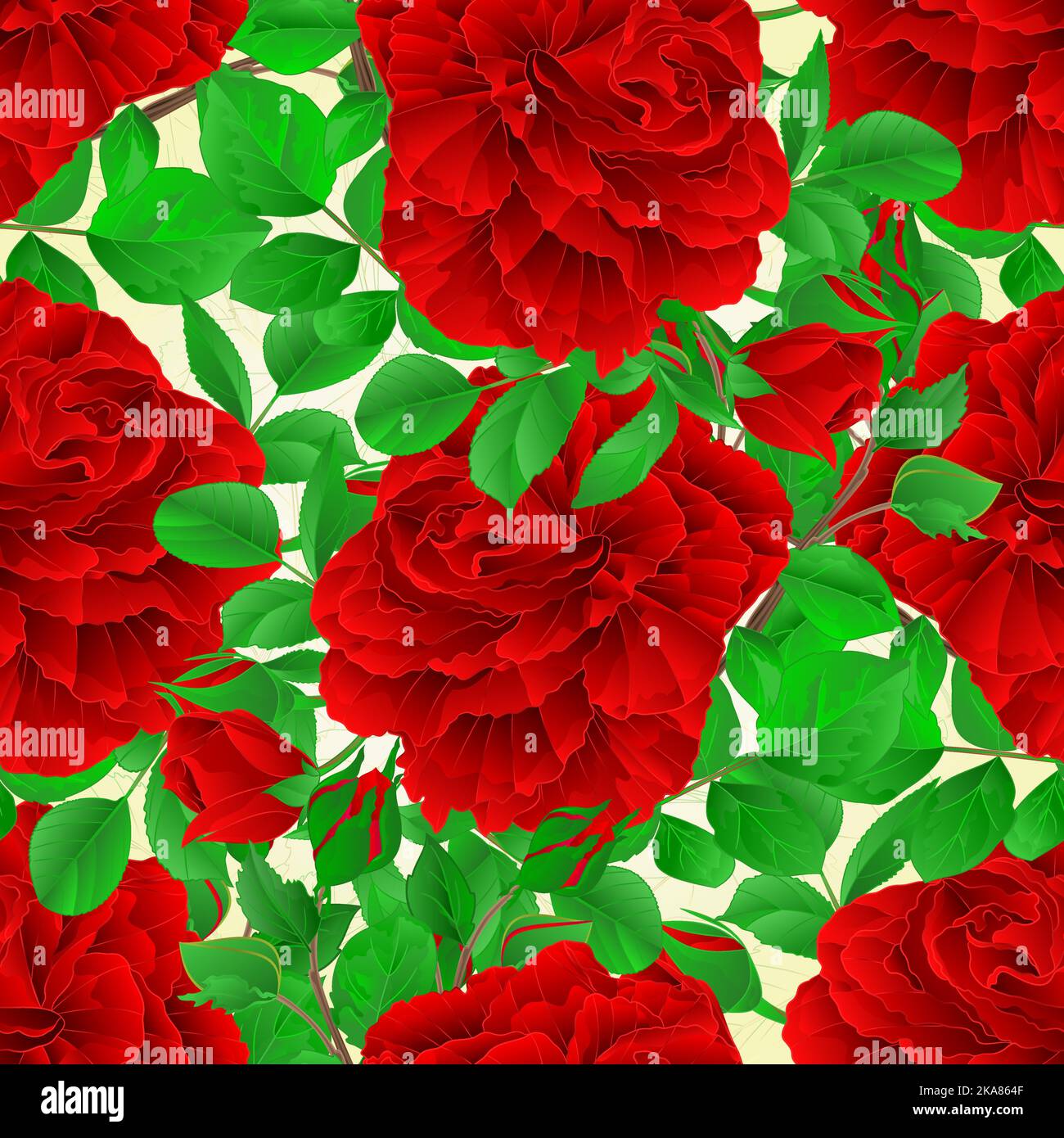 Seamless texture red rose with buds and leaves vintage nature background vector illustration ...