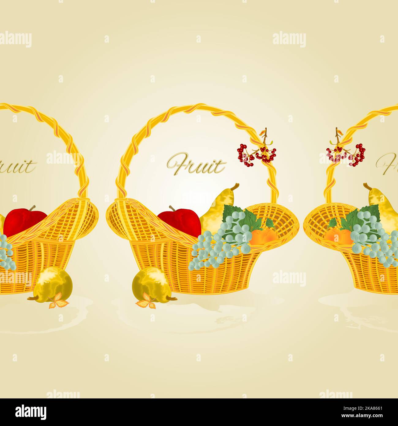 Fruity border seamless background with fruit in a wicker basket healthy ...