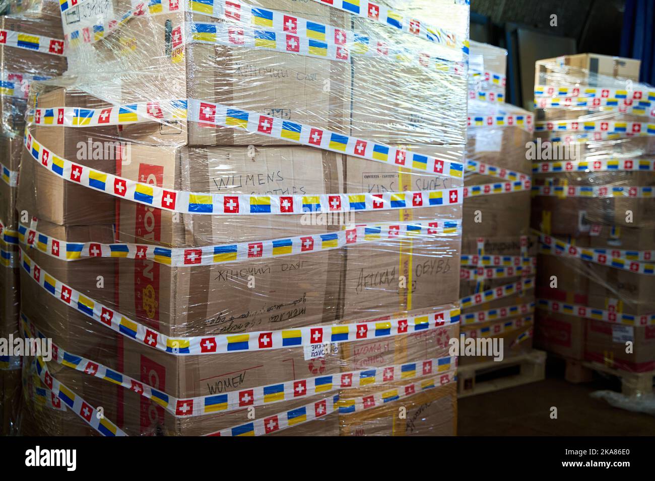 Boxes with humanitarian aid for Ukraine in volunteer centre warehouse ...