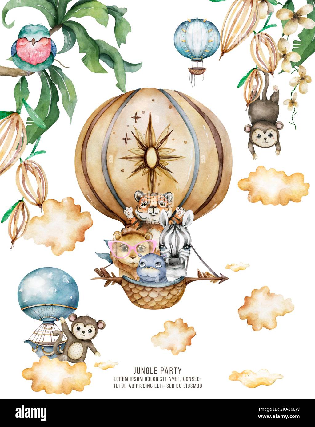 African animals on hot air balloon watercolor, monkeys, tiger, zebra ...