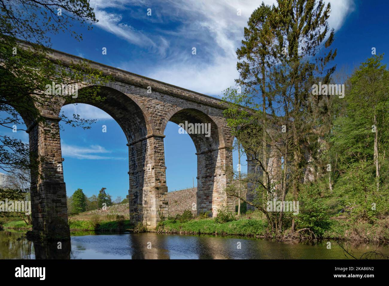 The archaic Nidd Viaduct spans the River Nidd near Harrogate in North ...