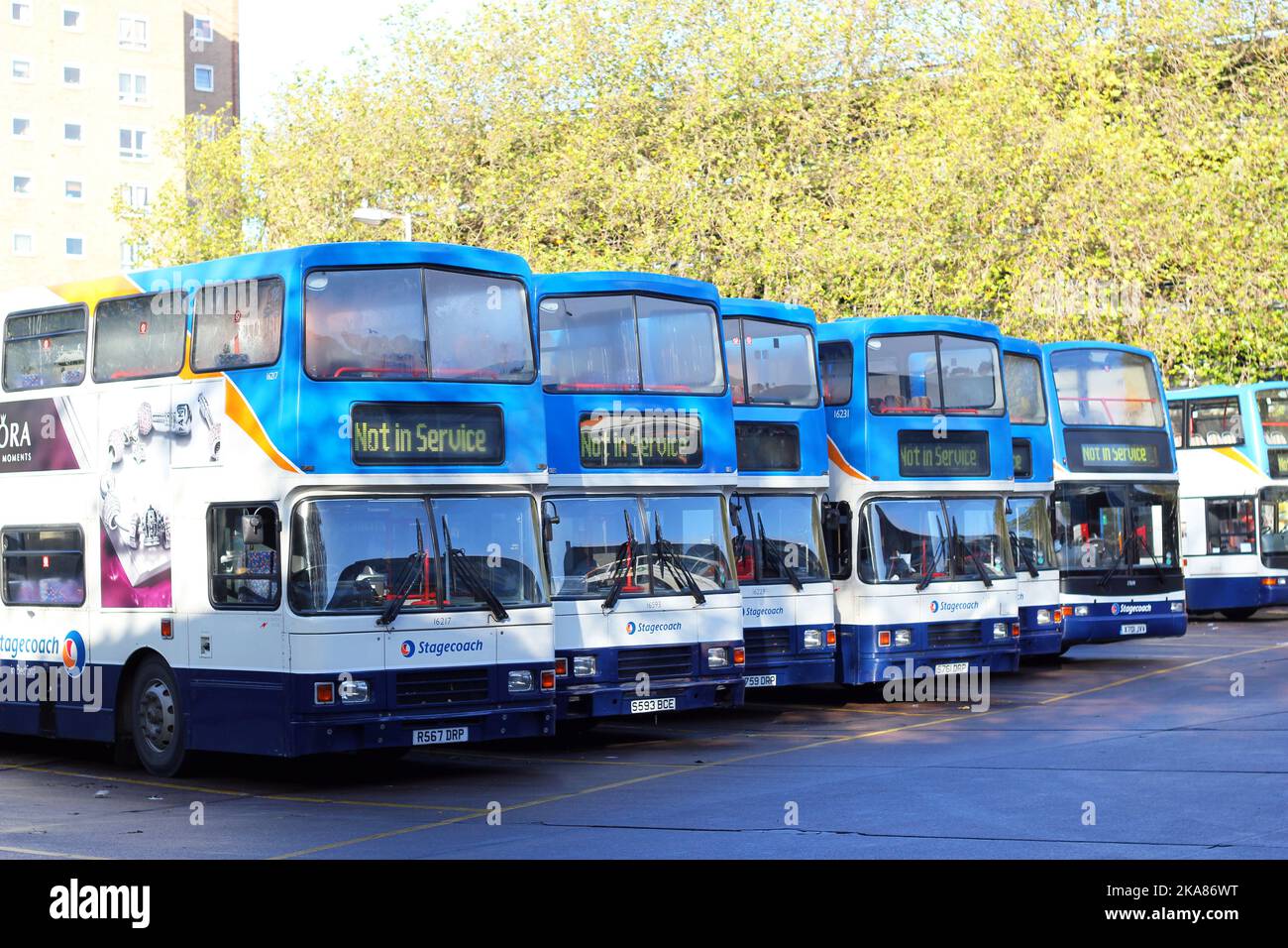 Line of double decker buses at the bus station in Bedford, United ...