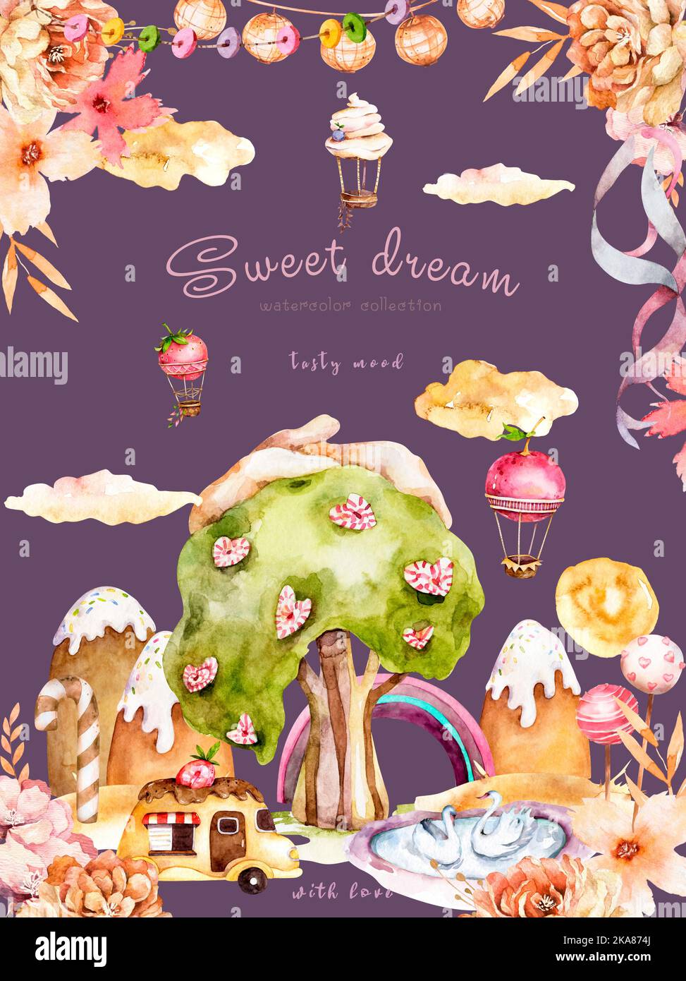 Sweet land watercolor illustration, wonderland. Cartoon fantasy candy ...