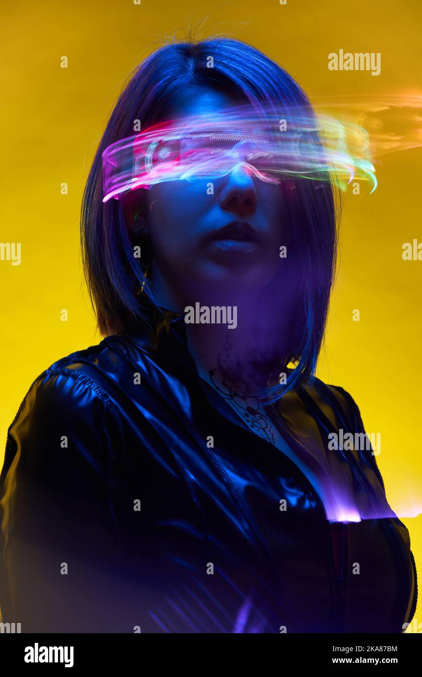 Woman is using augmented reality headset. Concept of virtual, augmented ...