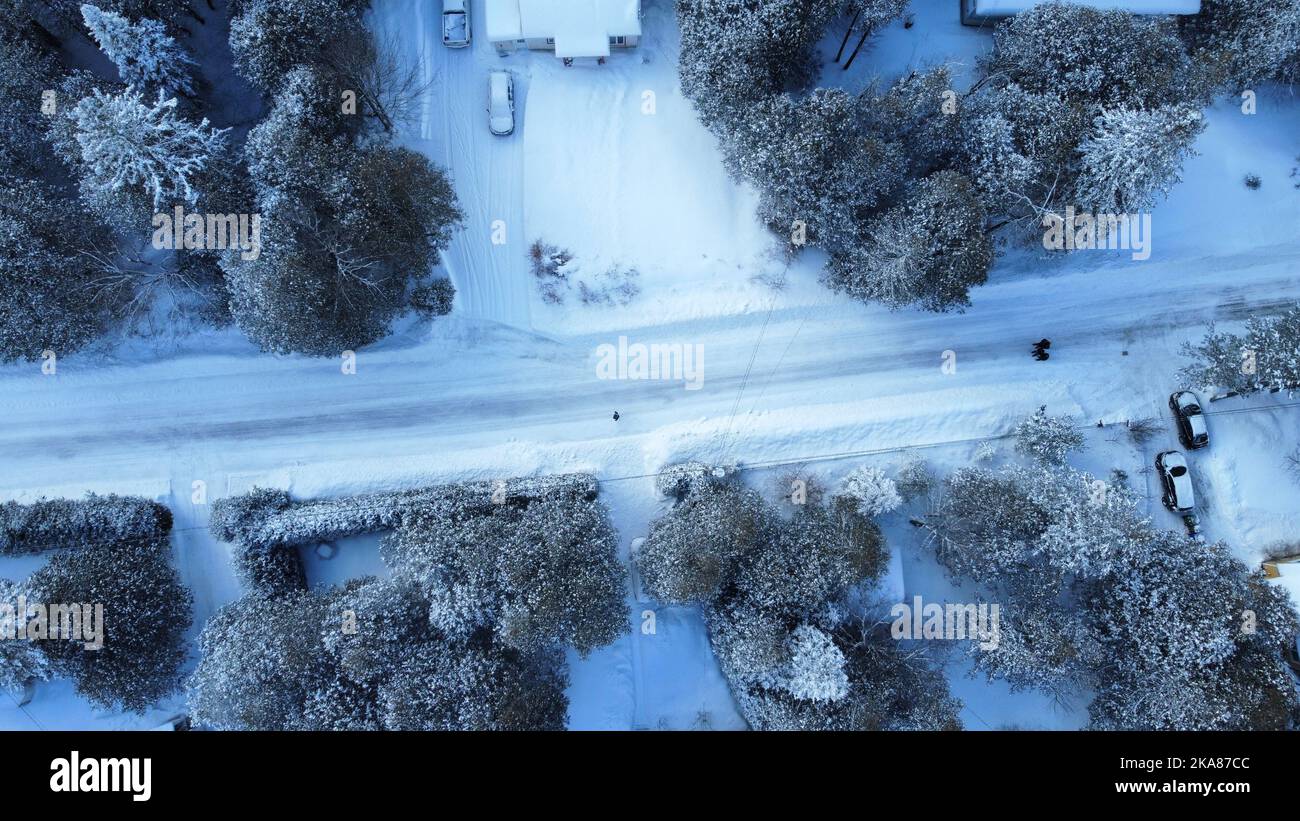 An aerial view of snowy road and trees Stock Photo - Alamy