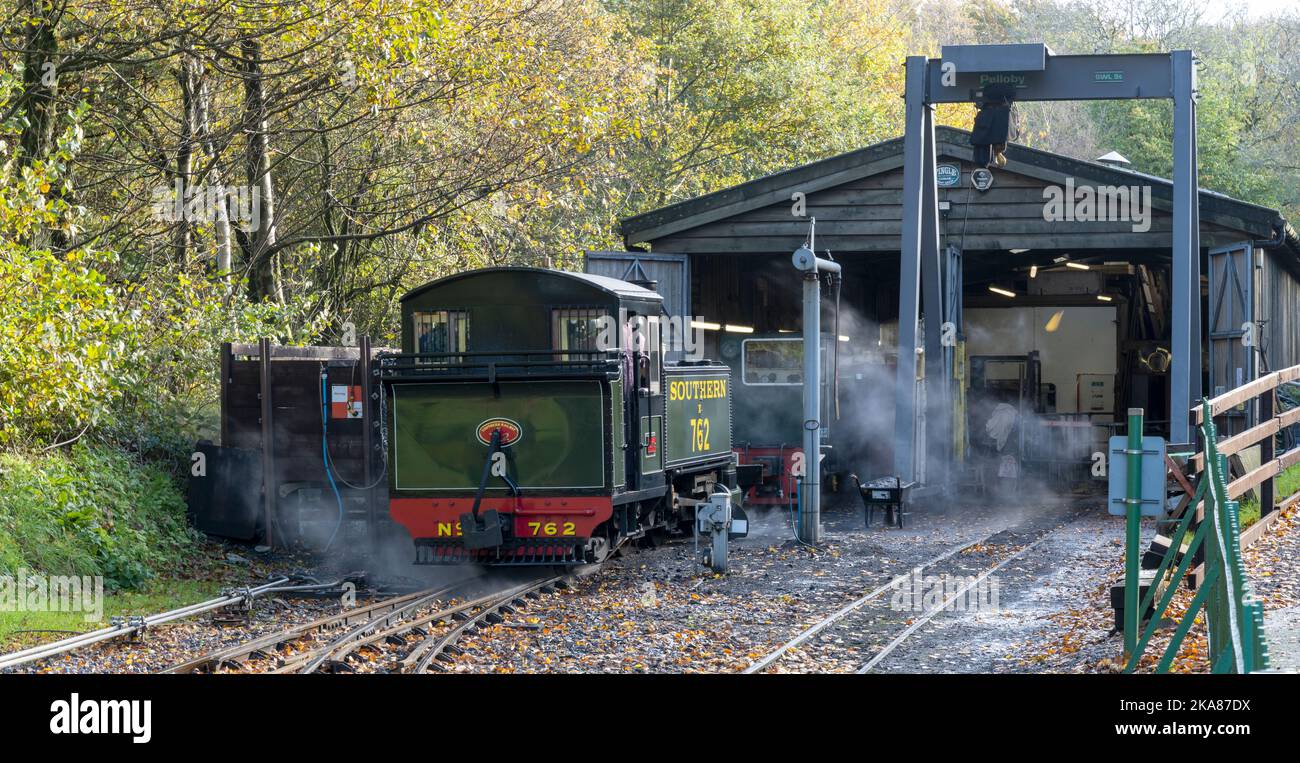 View of the steam locomotive Lyn at the engine shed at Woody Bay ...