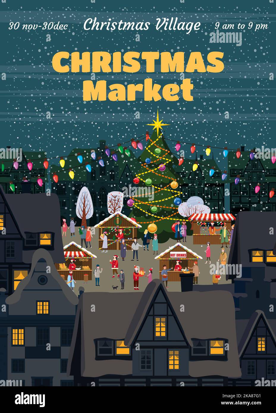 Poster Christmas Market, city square. Xmas fair card with decorated ...
