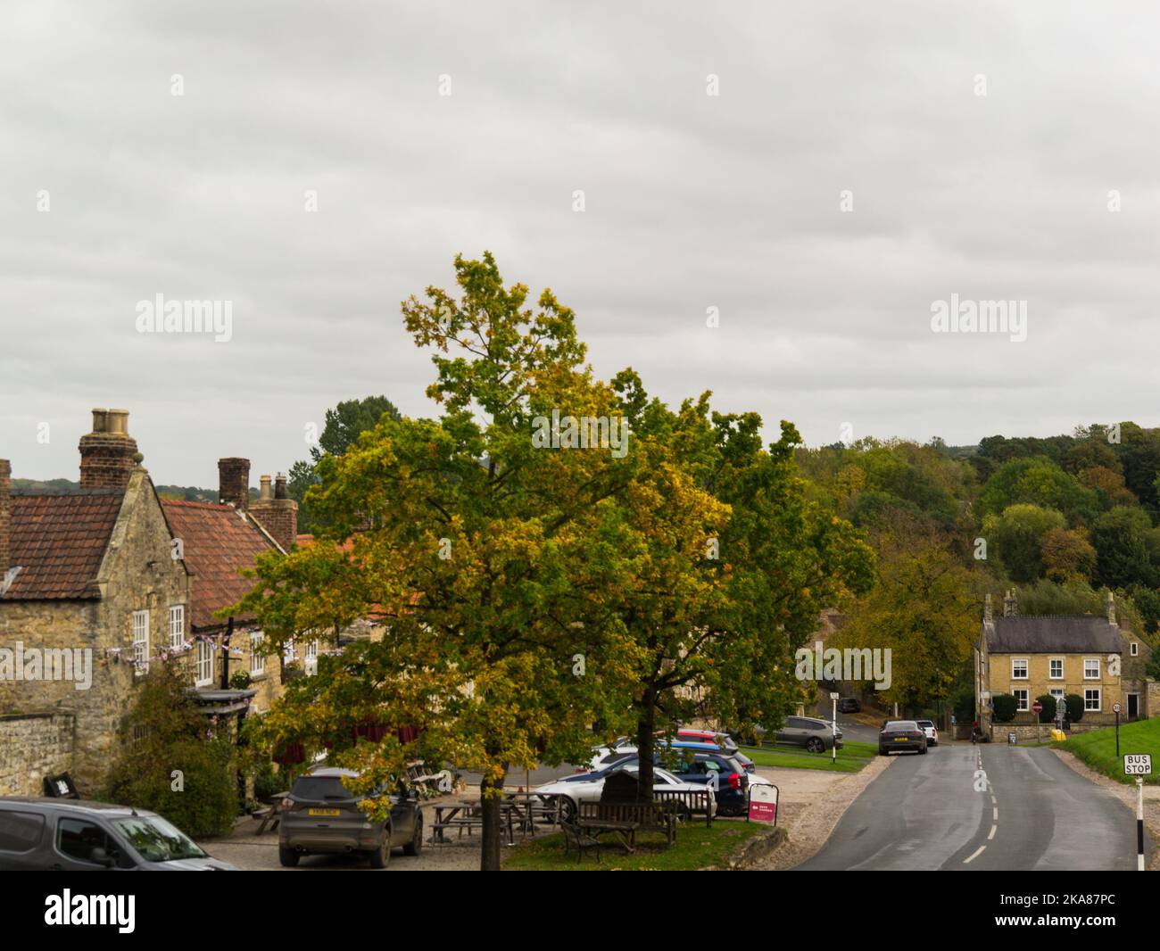 View down main street of lovely Coxwold village in North York Moors ...