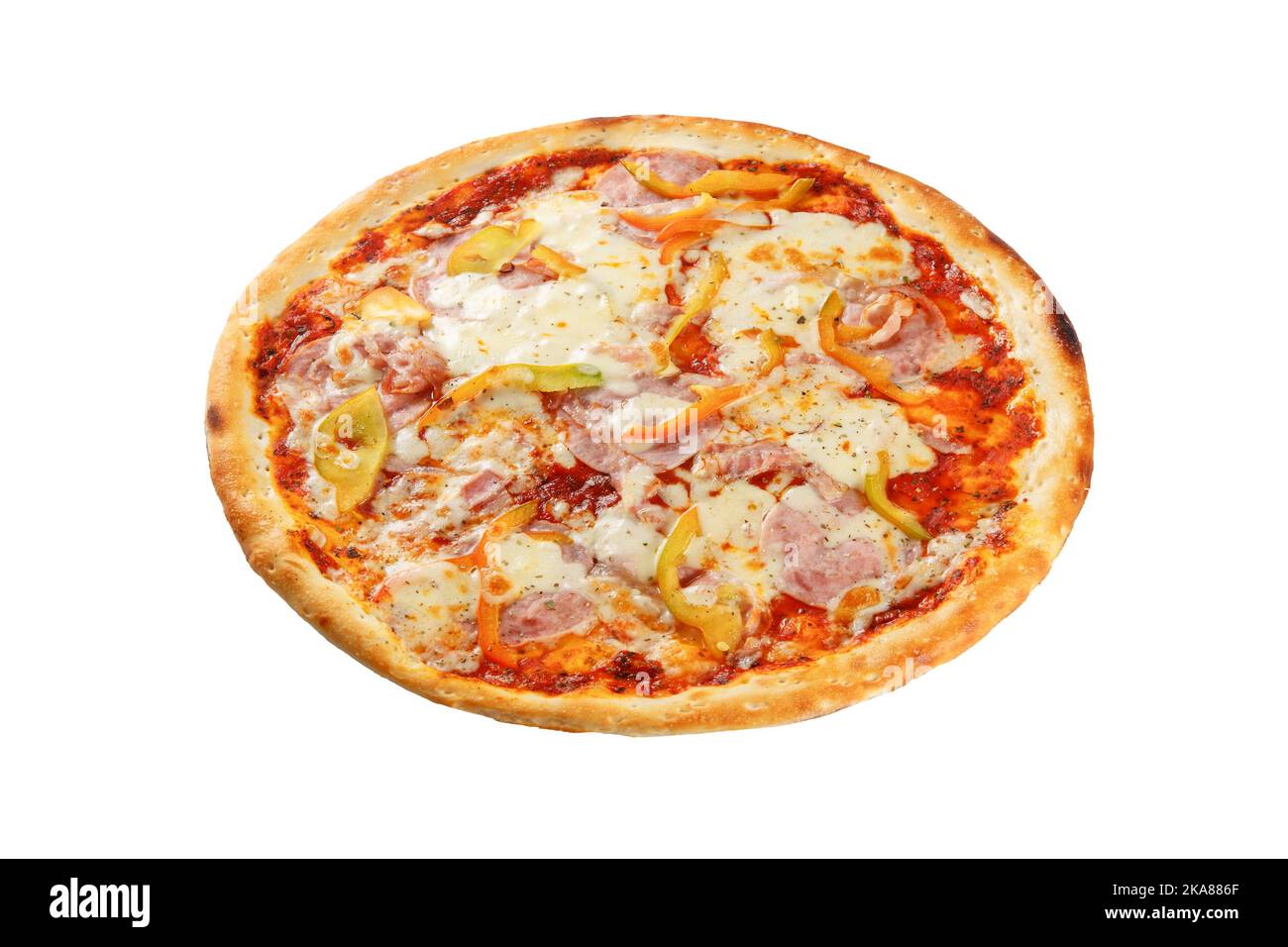 Delicious classic italian pizza with Mozzarella, ham, pepperoni and ...