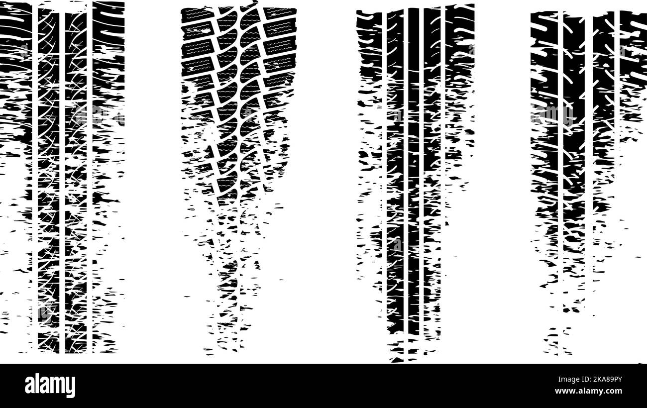 Tire tread print or car track with grunge effect set isolated on white background Stock Vector ...