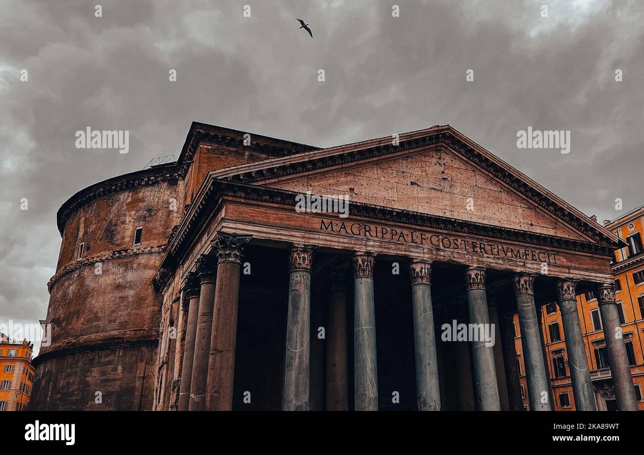 An exterior view of the Pantheon in Rome, Italy in cloudy sky ...