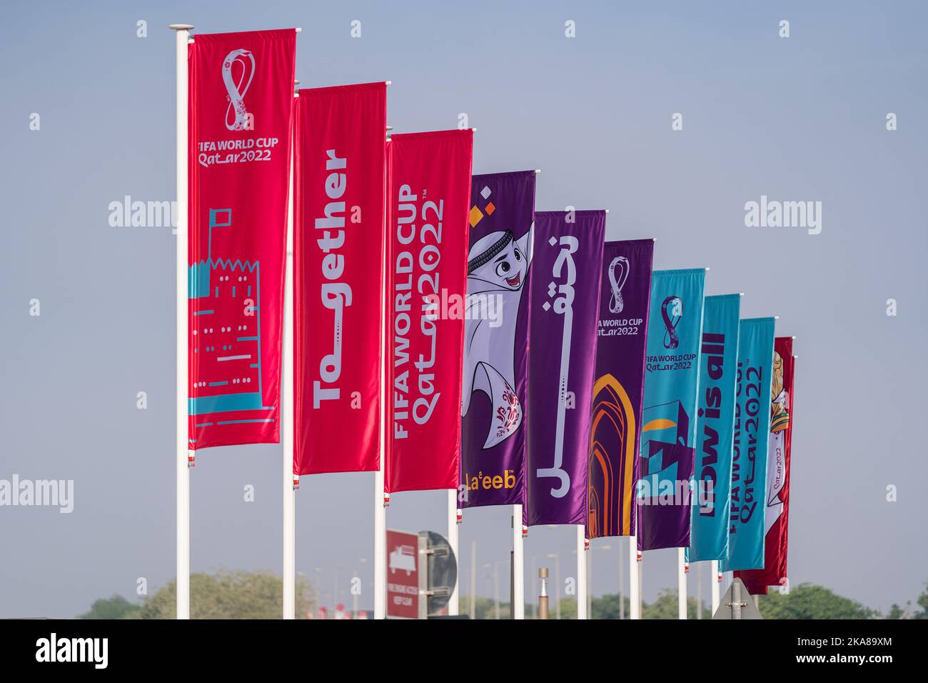 Doha, Qatar - October 28, 2022: Flags promoting FIFA World Cup 2022 in ...
