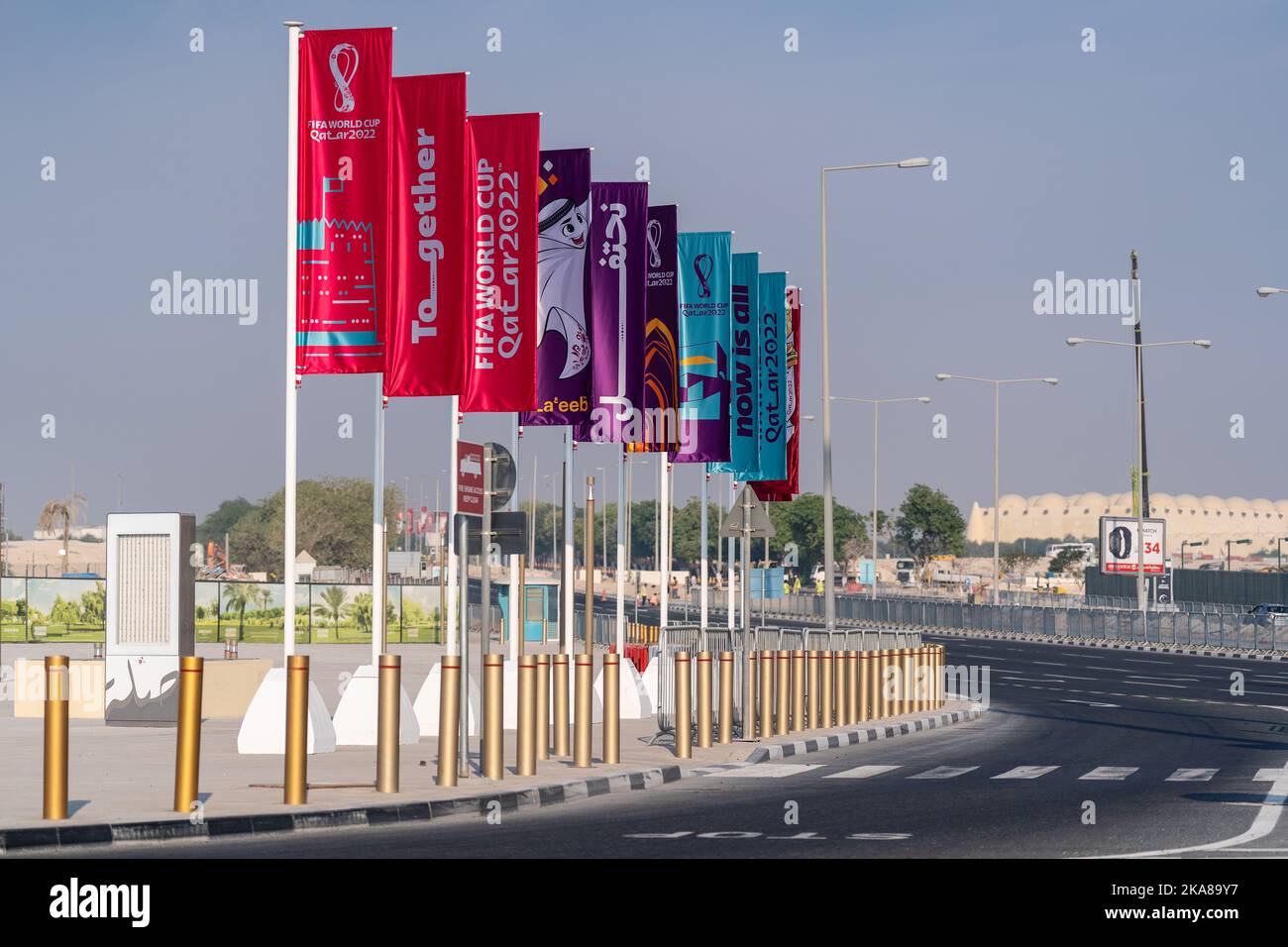 Doha, Qatar - October 28, 2022: Flags promoting FIFA World Cup 2022 in ...
