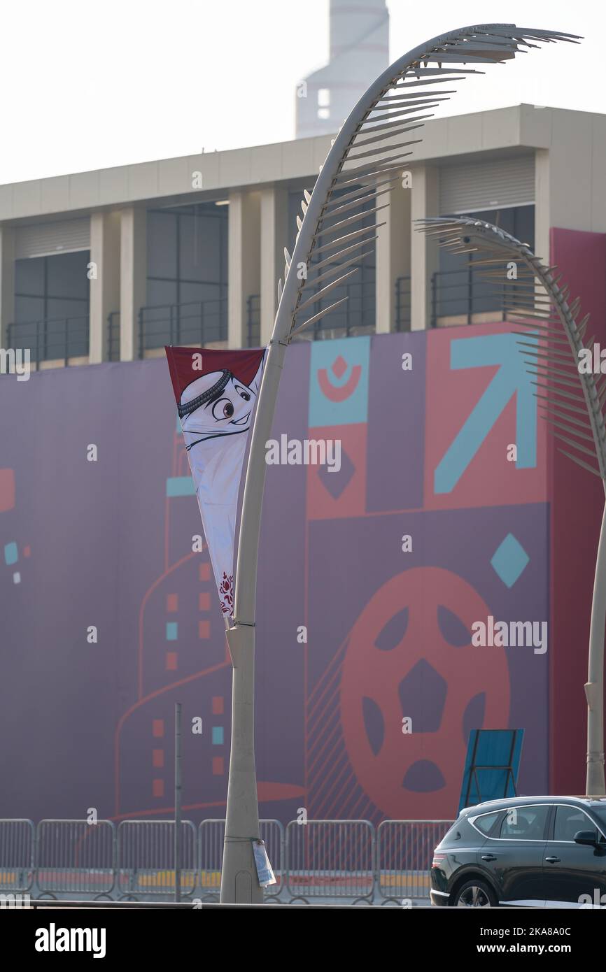 Doha, Qatar - October 28, 2022: Flags promoting FIFA World Cup 2022 in ...