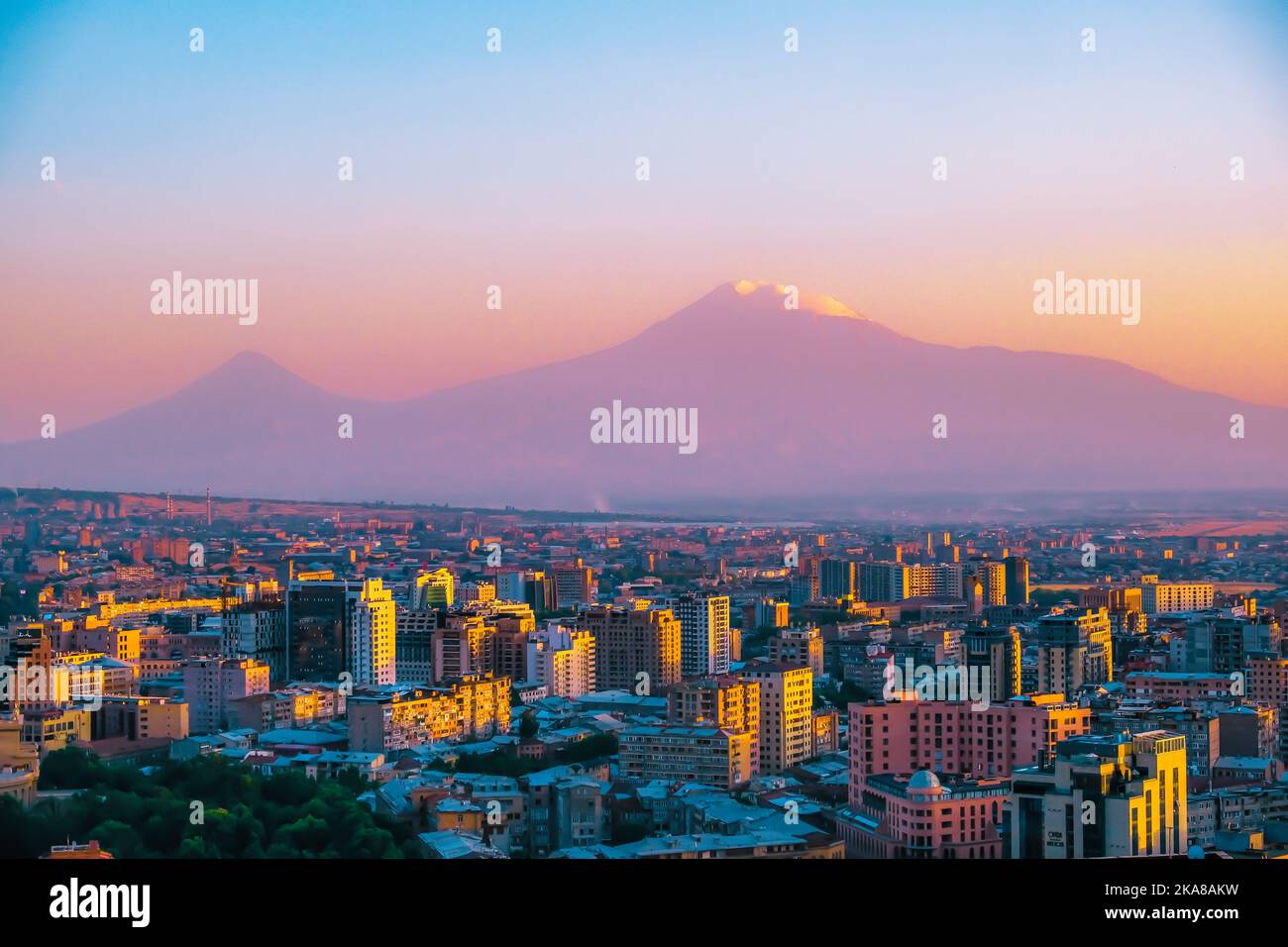 A breathtaking aerial view of the Yerevan cityscape with the silhouette ...