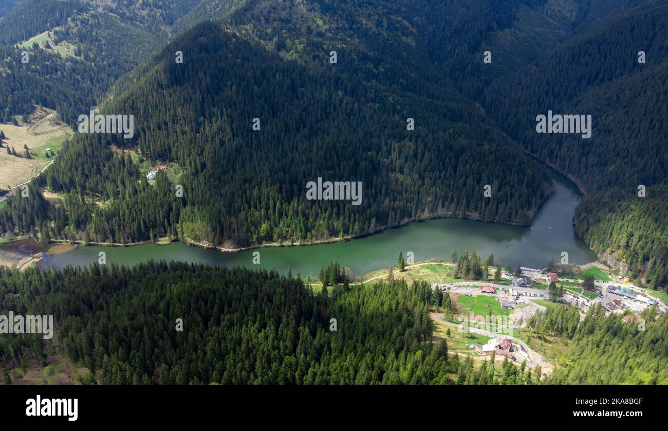 An aerial view of Rosu Lake - Romania, drone view, summer Stock Photo ...
