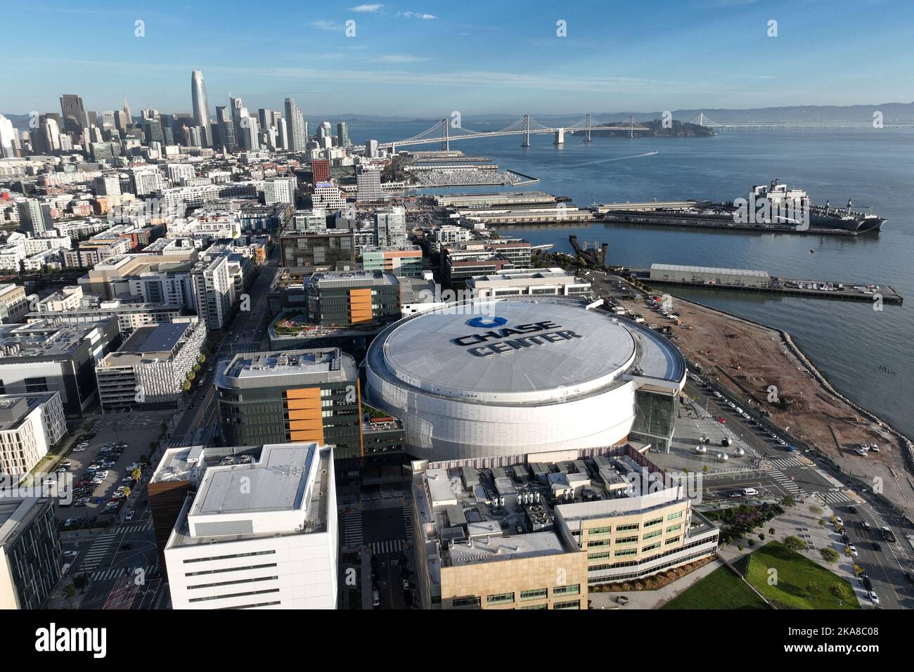 A general overall aerial view of the Chase Center with the Bay Bridge ...