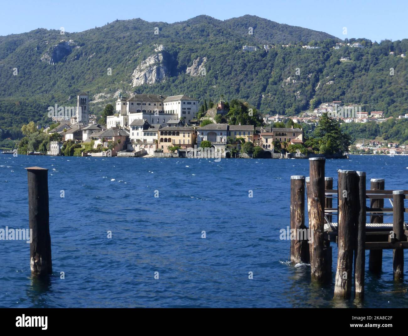 Isola San Giulio or St Julius island on Lake Orta from the mainland ...