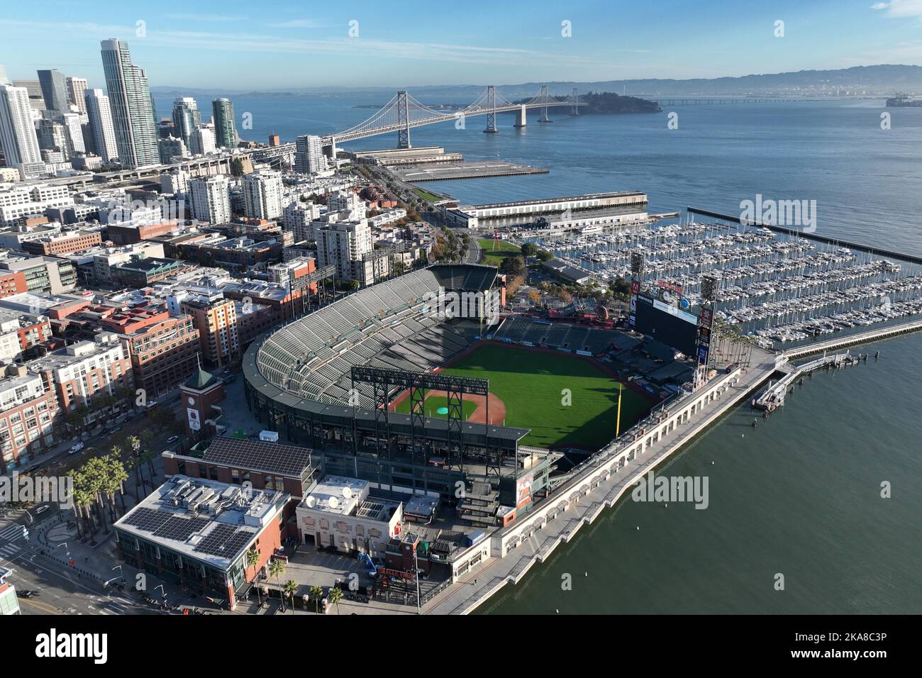 A general overall aerial view of Oracle Park with the Bay Bridge as a ...
