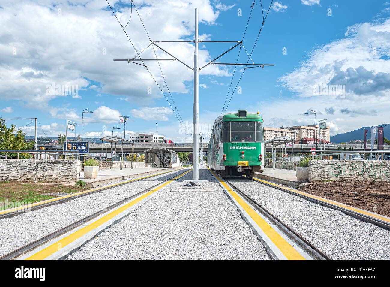 Renovated Sarajevo tram line between Cengic Vila and Ilidza Stock Photo ...