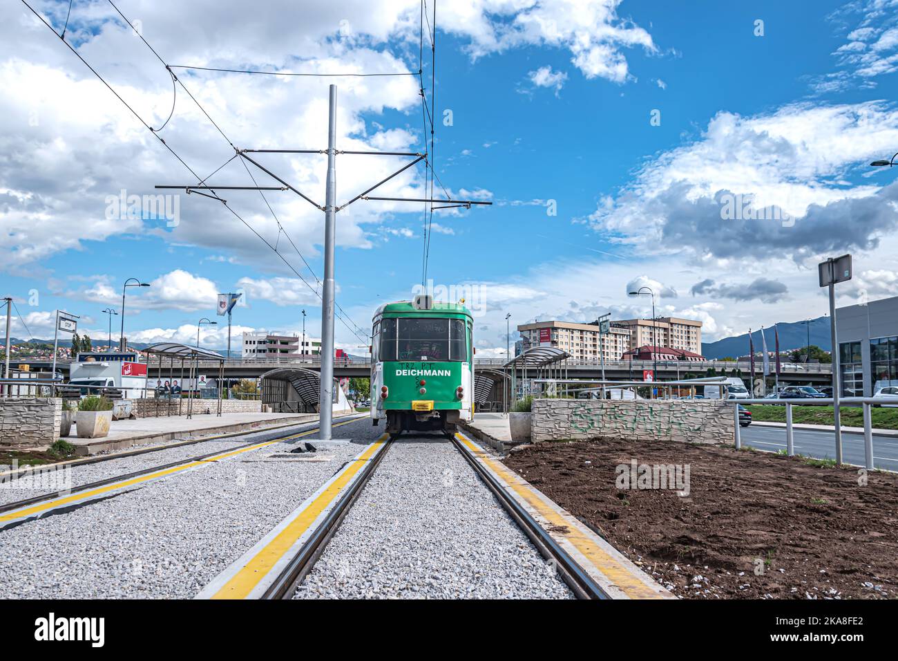 Renovated Sarajevo tram line between Cengic Vila and Ilidza Stock Photo ...