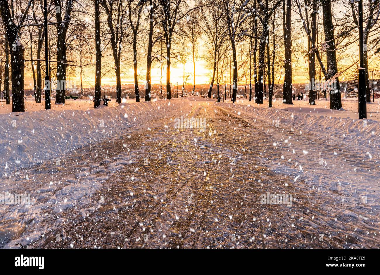 Sunset or dawn in a winter city park with benches and sidewalks covered ...