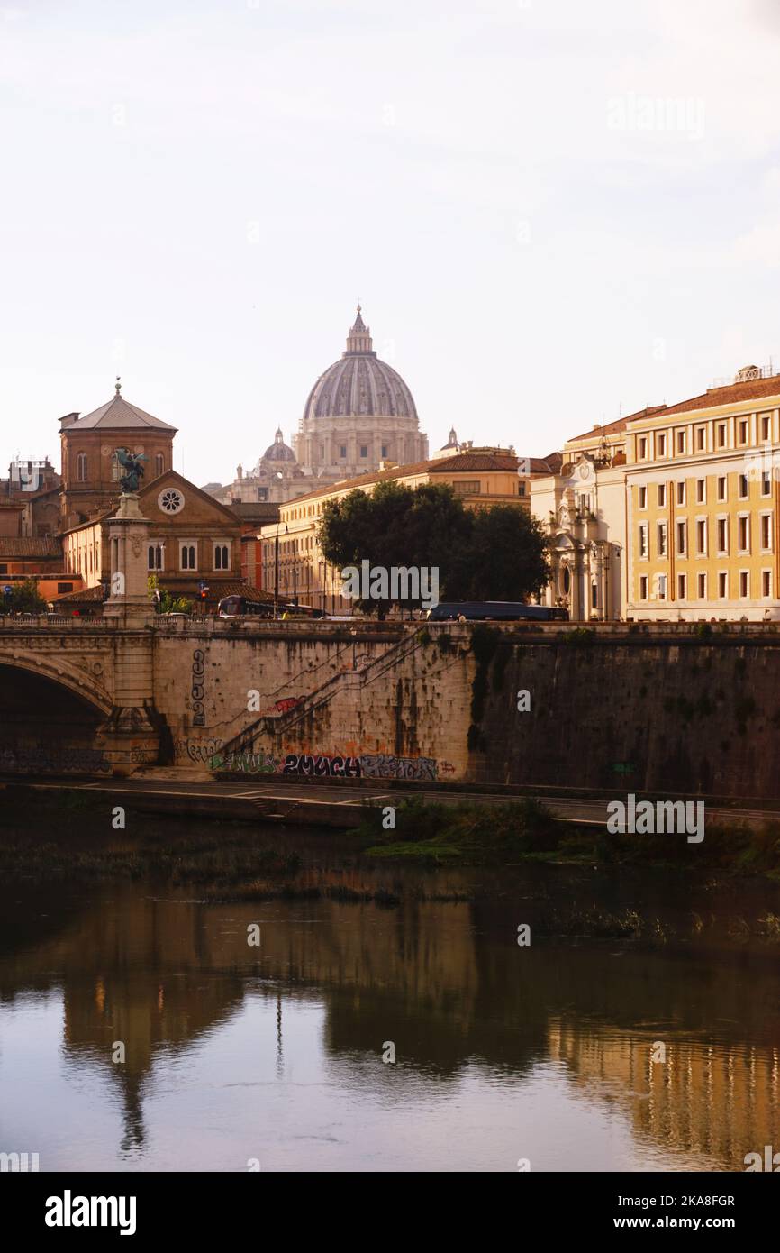 A vertical shot of the landmarks of Rome with reflections in the water ...