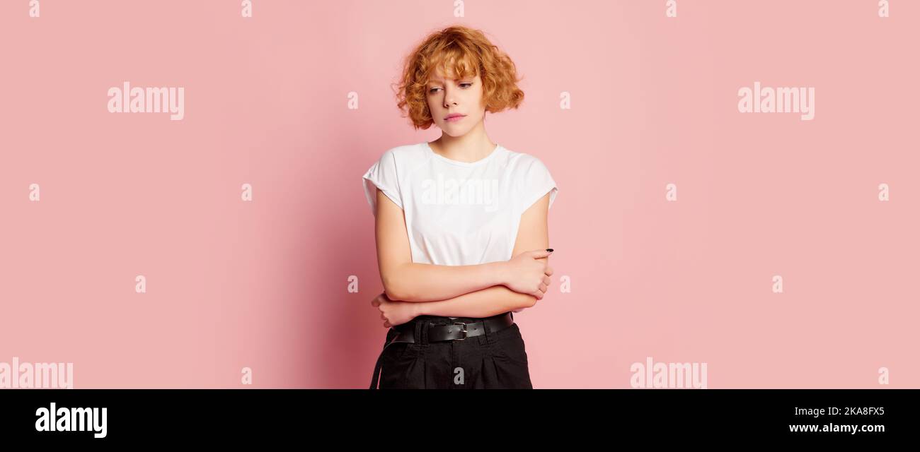 Distressed young girl girl is sad, thinking about problems ...