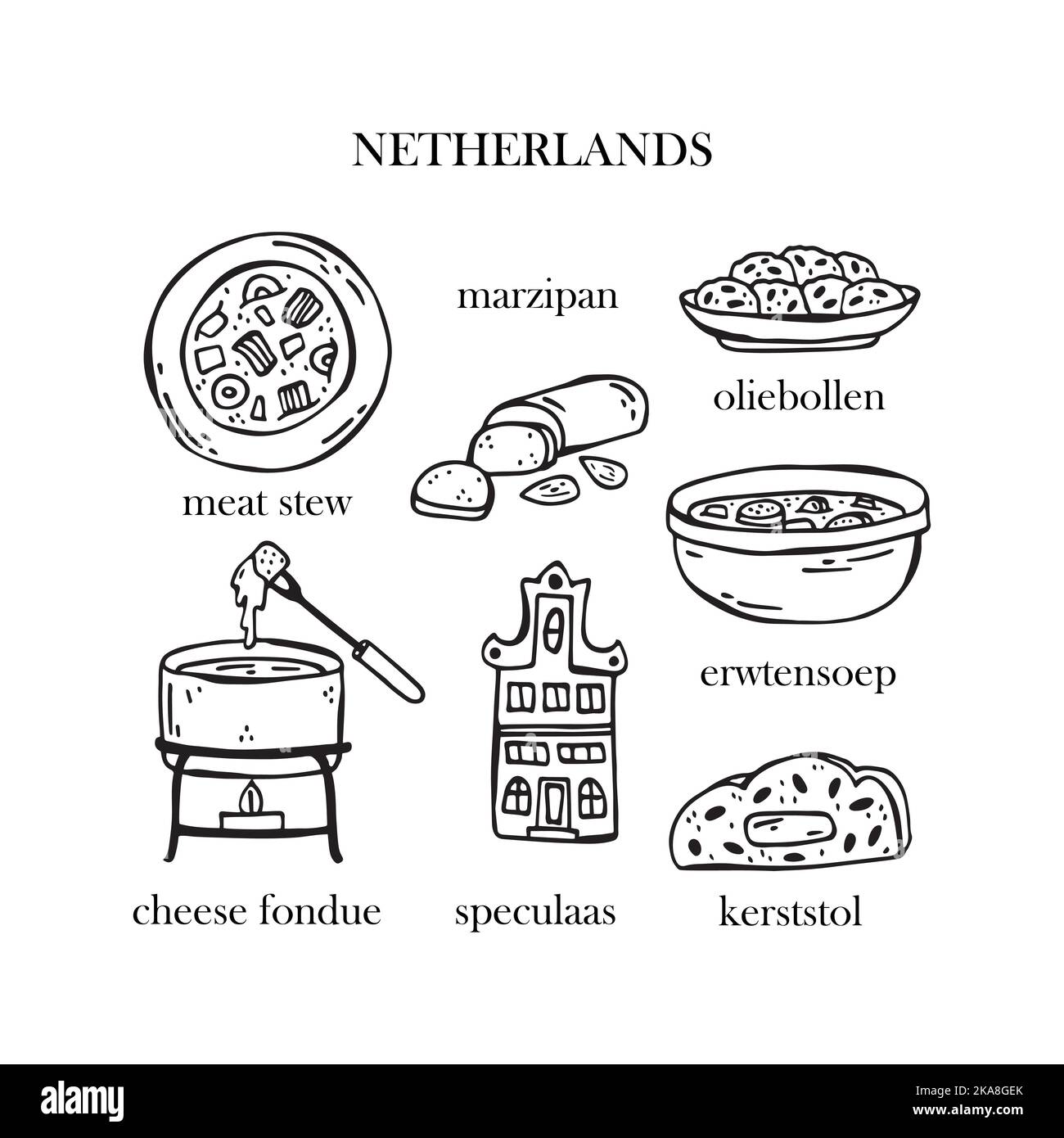 Vector set of illustrations of Dutch Christmas dishes. New Year ...