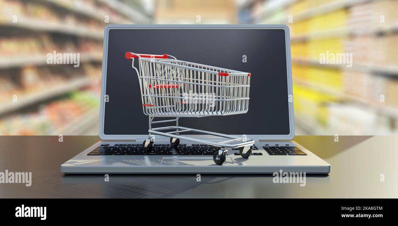 Supermarket shopping cart on a computer laptop. Ecommerce, online order ...