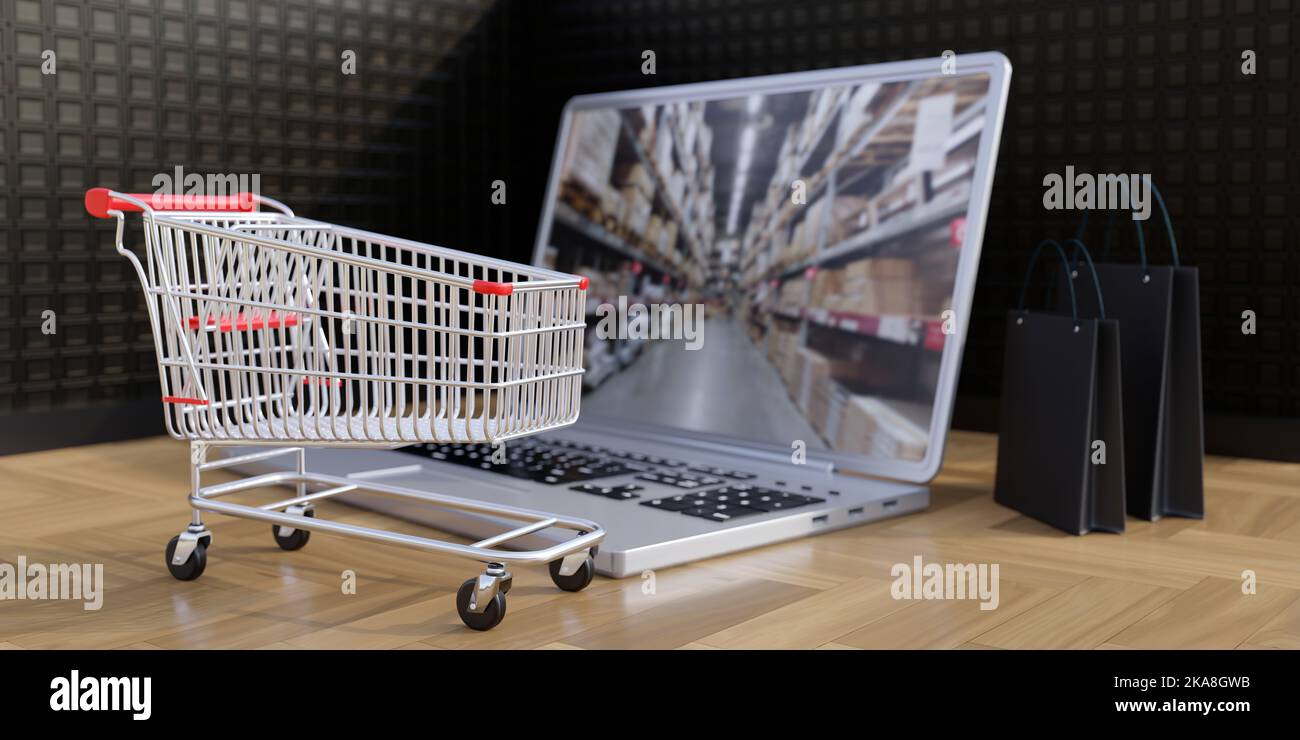 Ecommerce, online order and delivery. Supermarket cart, shopping bags ...