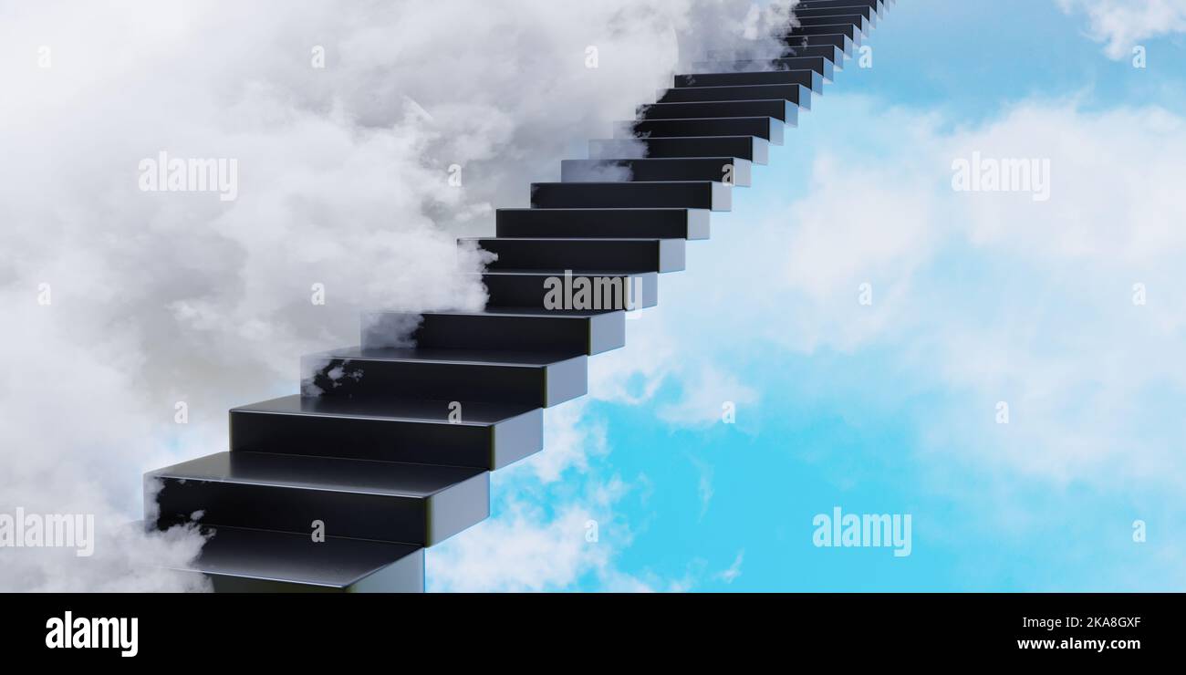 Stairway climbing upward on blue cloudy sky background. Black solid ...