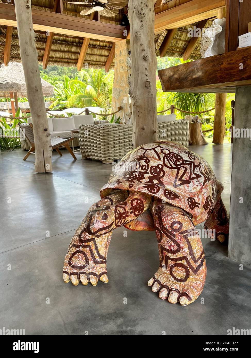 A closeup of a local handcrafted artwork of a Seychelles giant tortoise ...
