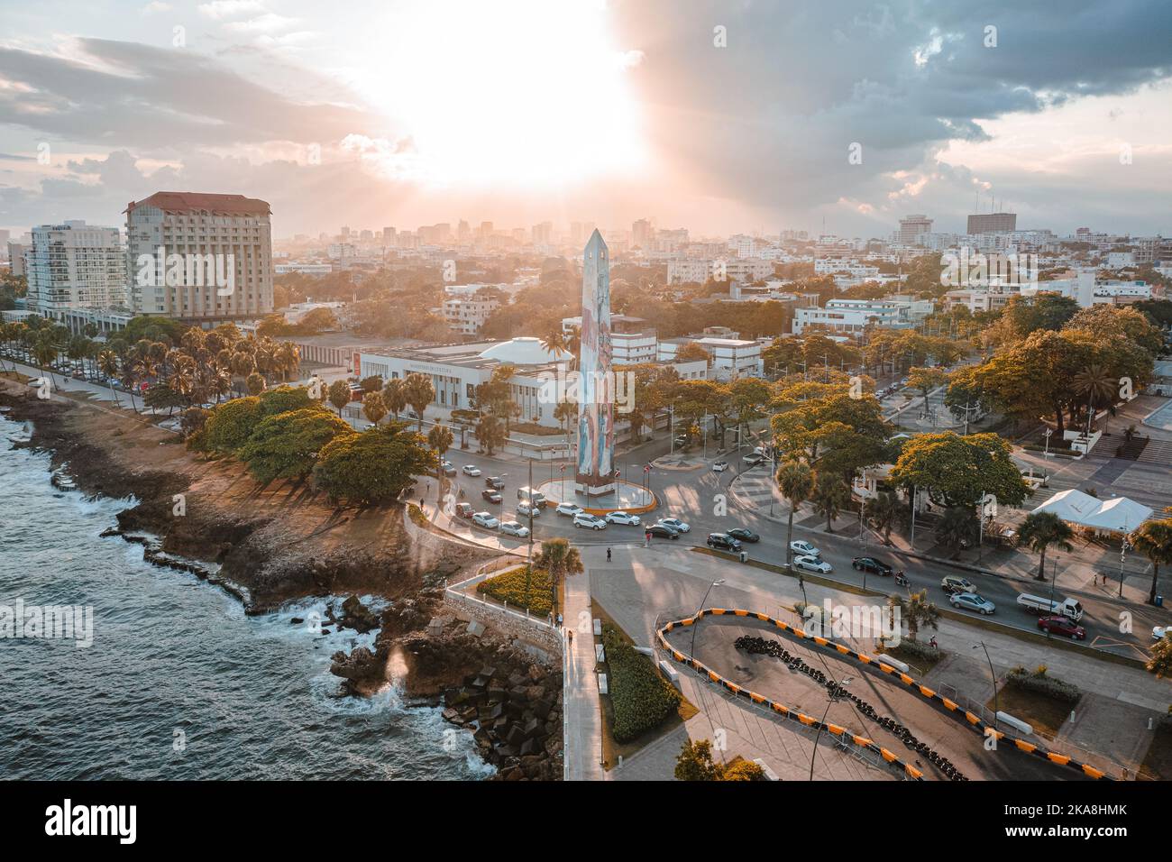 An aerial view of an obelisk during sunset in the Malecon of Santo ...