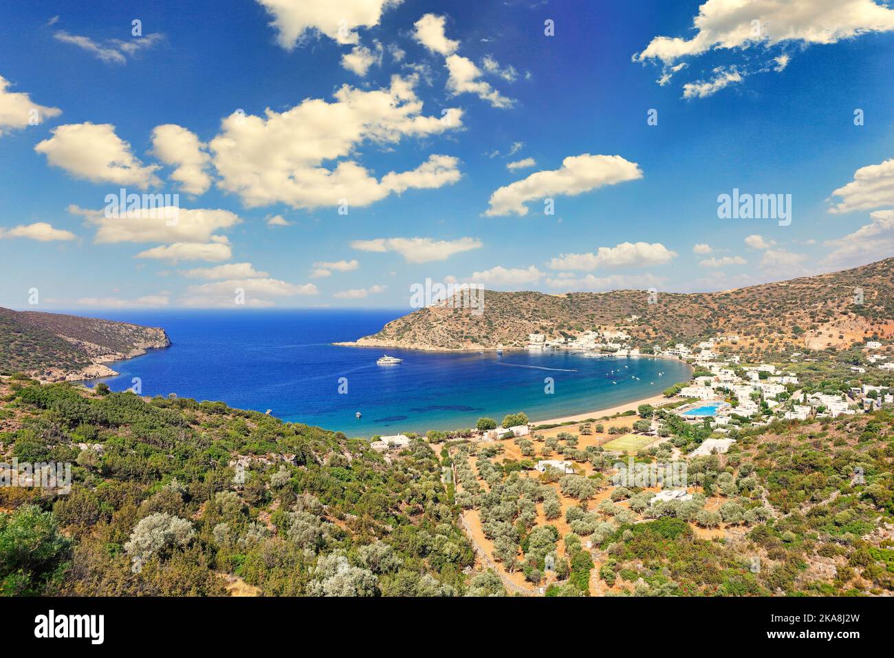 The seaside village and the beach of Vathi of Sifnos island, Greece ...