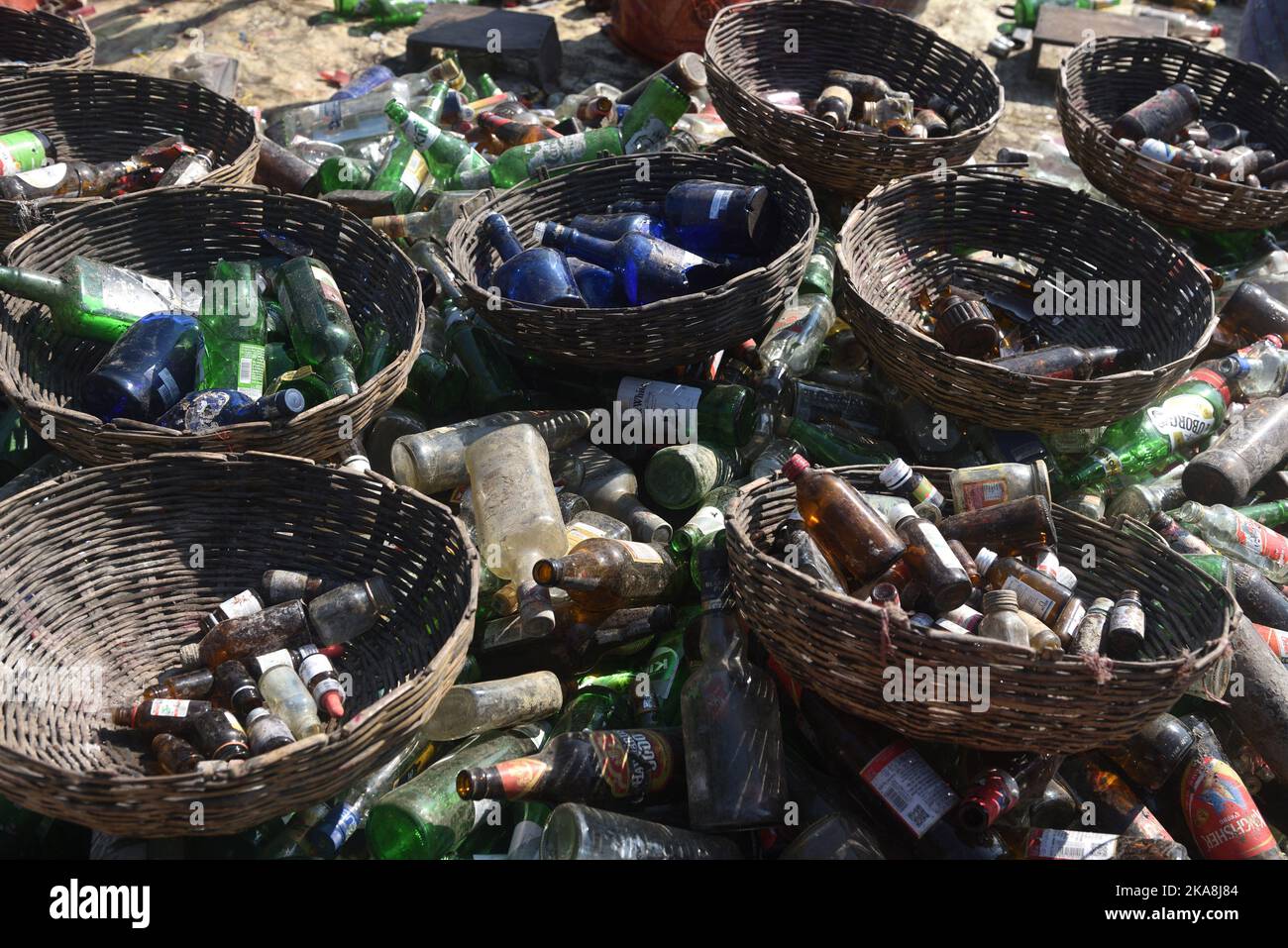 Kolkata, India. 1st Nov, 2022. Pilled up glass bottles are seen inside ...