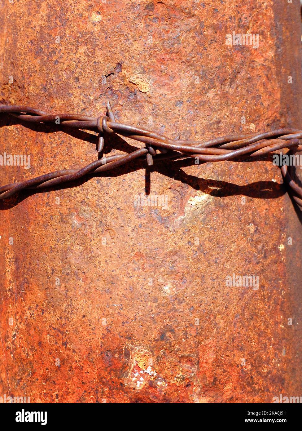 Detail of barb barbed wire with sharp barbs on rusty metal pole Stock ...