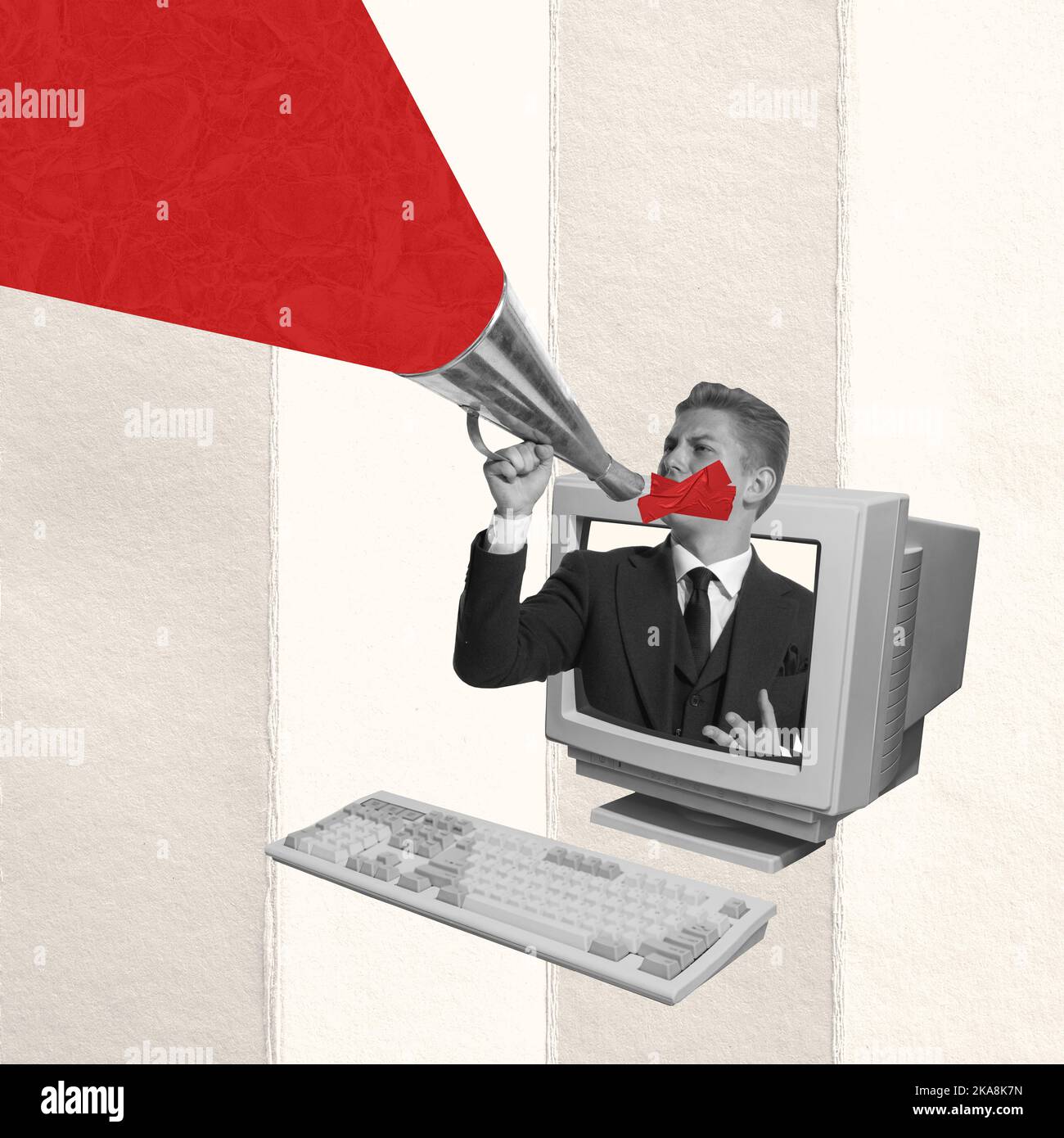 Creative design. Conceptual artwork. Man with sealed mouth shouting in ...