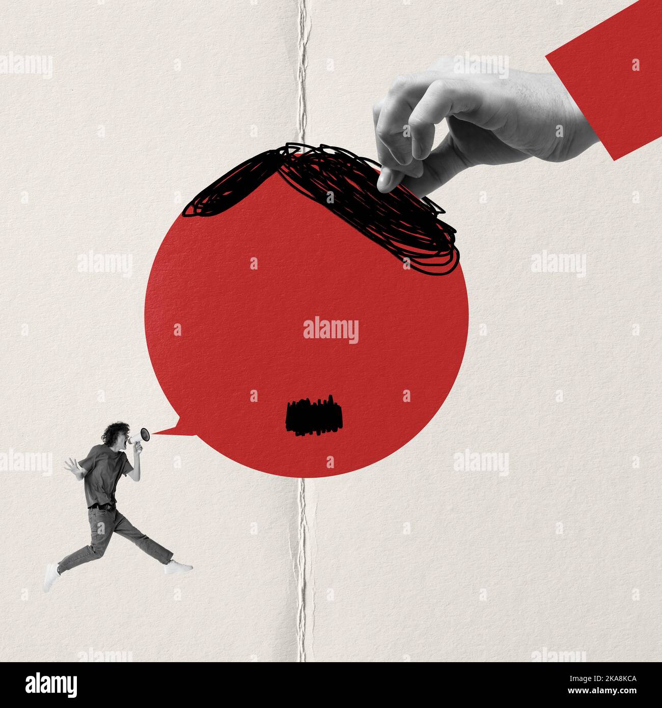 Creative design. Conceptual artwork. Young man expressively shouting in ...