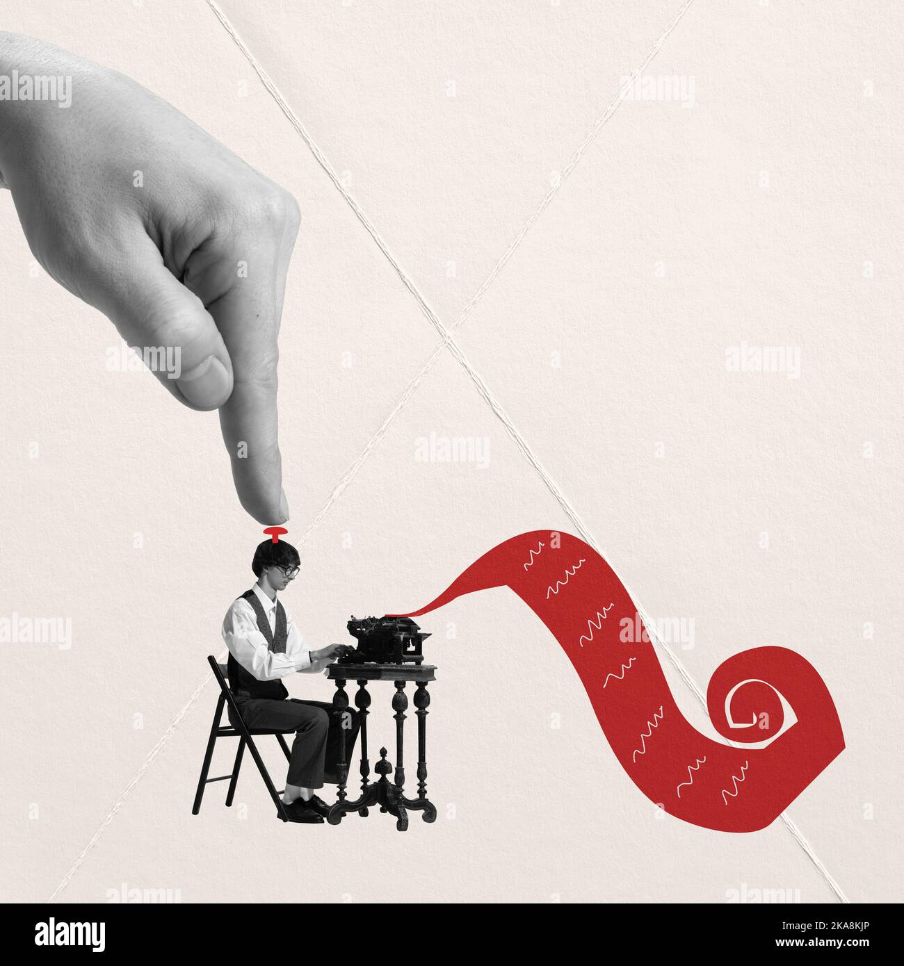 Creative design. Conceptual artwork. Young man, journalist typing ...