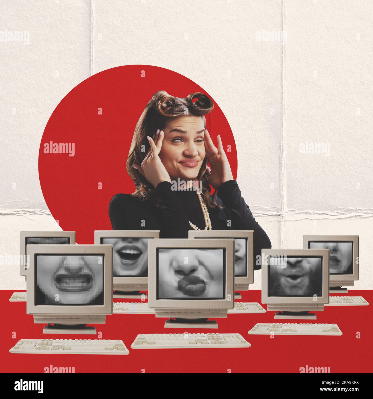 Creative design. Conceptual artwork. Young woman holding head in ...