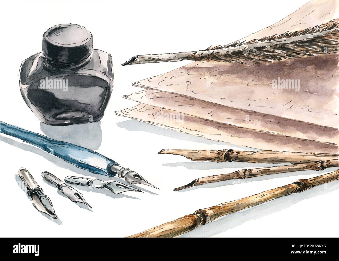 Calligraphy tools. Ink and watercolor on paper Stock Photo - Alamy