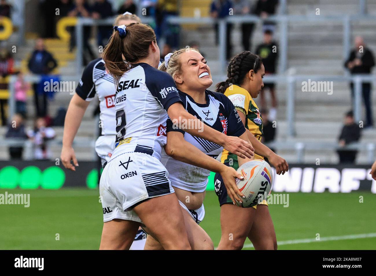Grace Field England celebrates her try during the Women's Rugby League ...