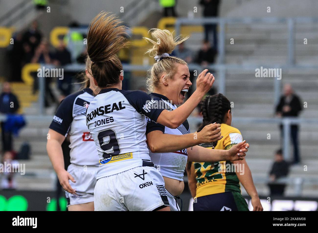 Grace Field England celebrates her try during the Women's Rugby League ...