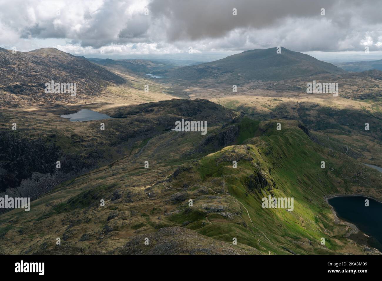 A scenic panorama of Pen-y-pass in Snowdonia from the Crib Goch, Wales ...