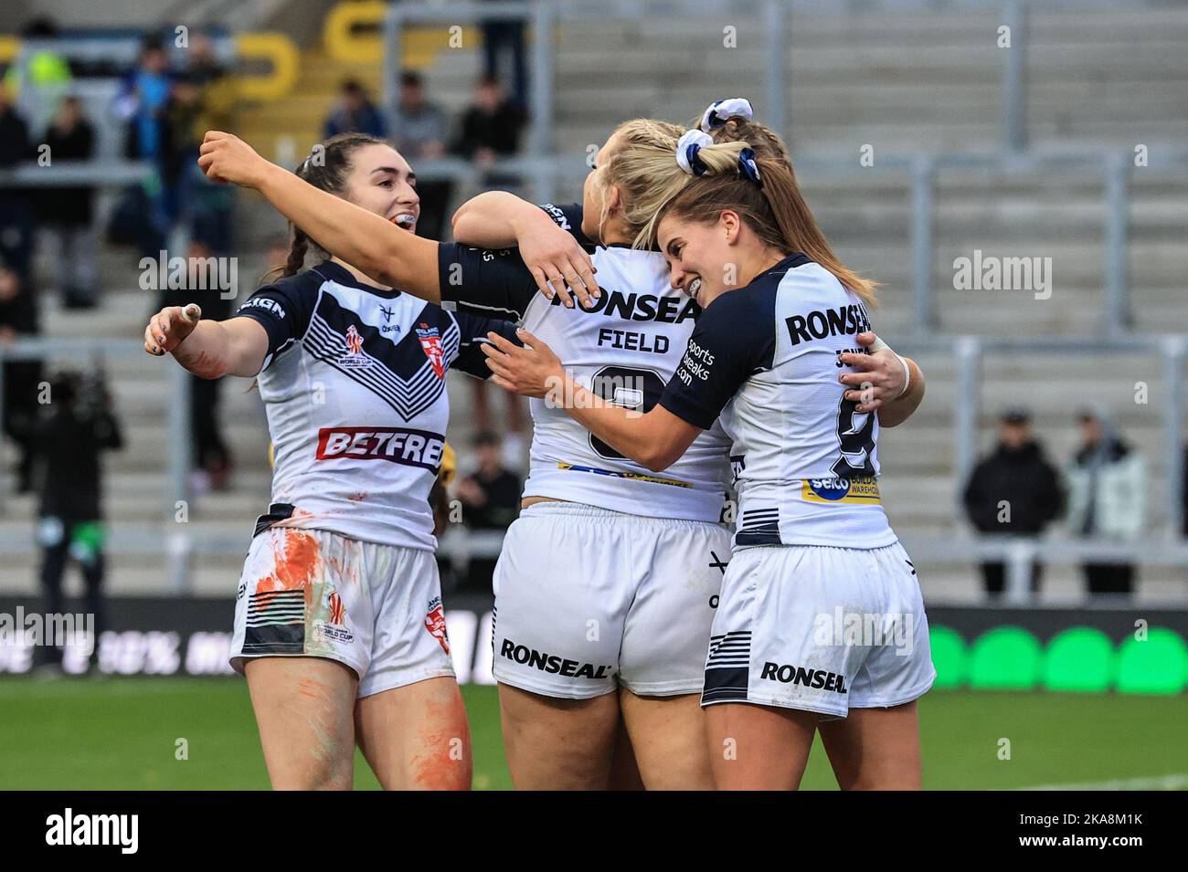 Grace Field England celebrates her try during the Women's Rugby League ...