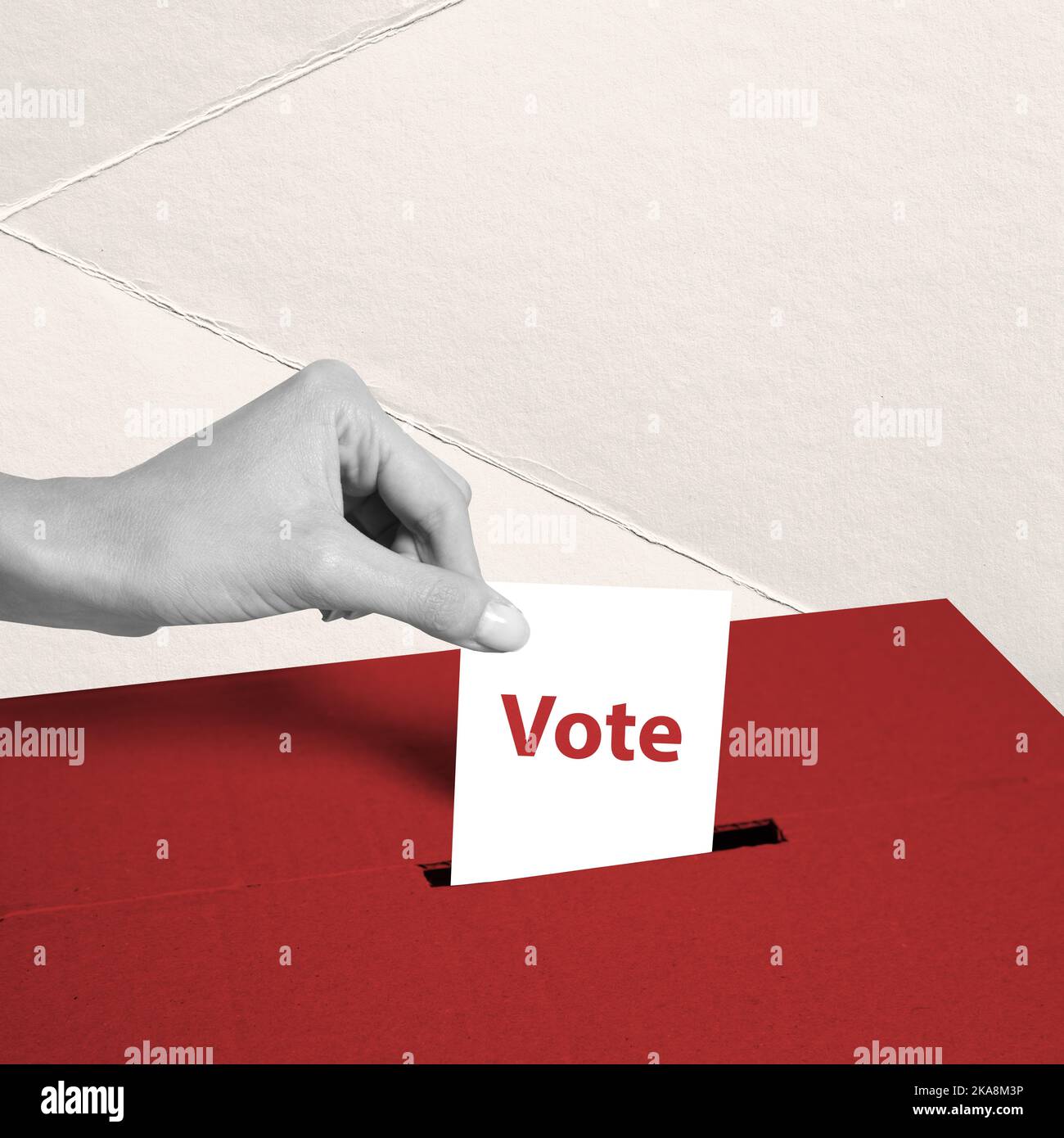 Creative design. Conceptual image. Female hand putting voting blank ...