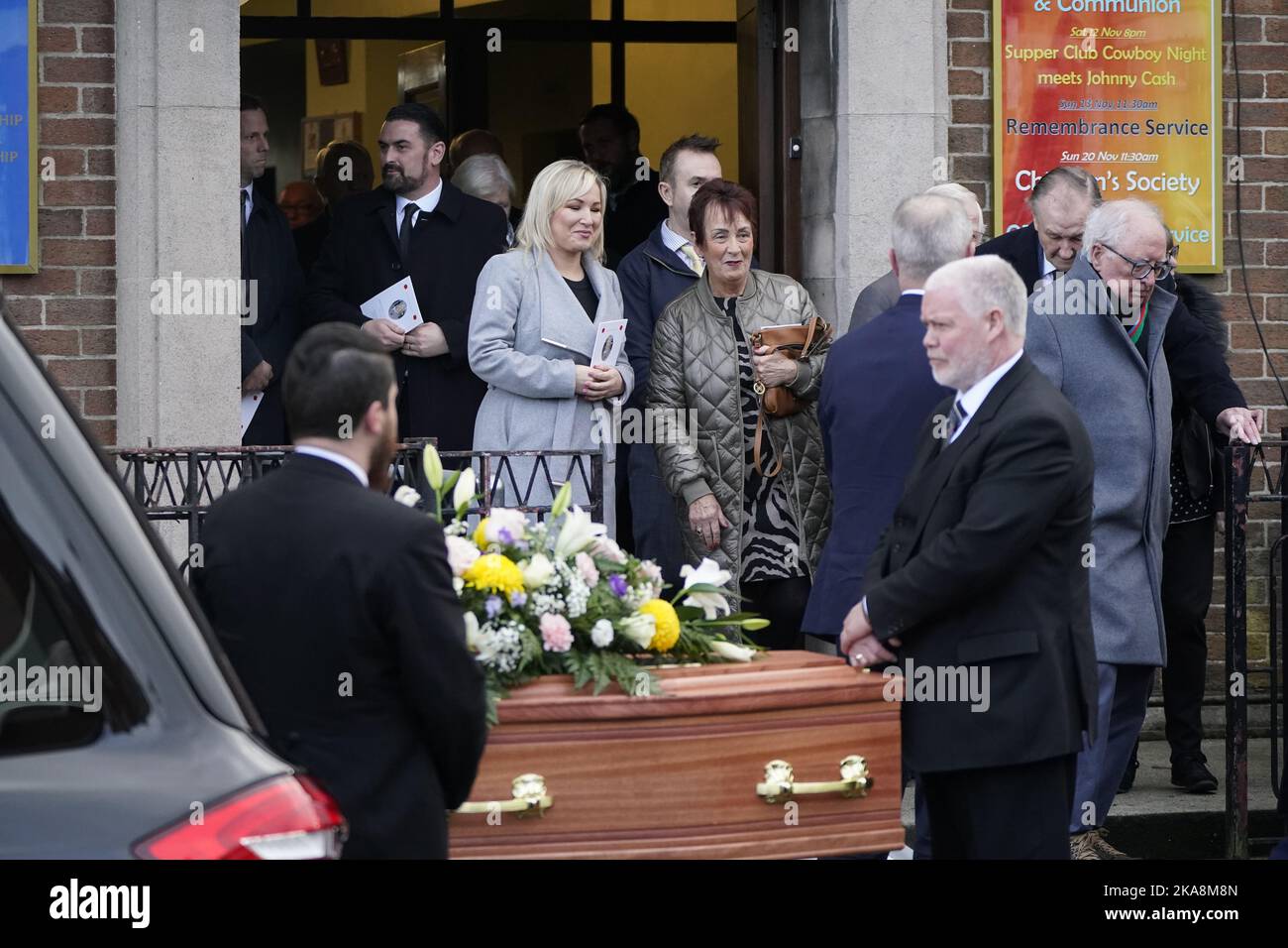 Sinn Fein vice president Michelle O'Neill (centre left) leaving after ...